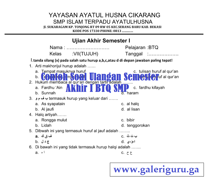 Contoh Soal Ulangan Semester Akhir I BTQ Jenjang SMP/MTs | Edukasi File ...
