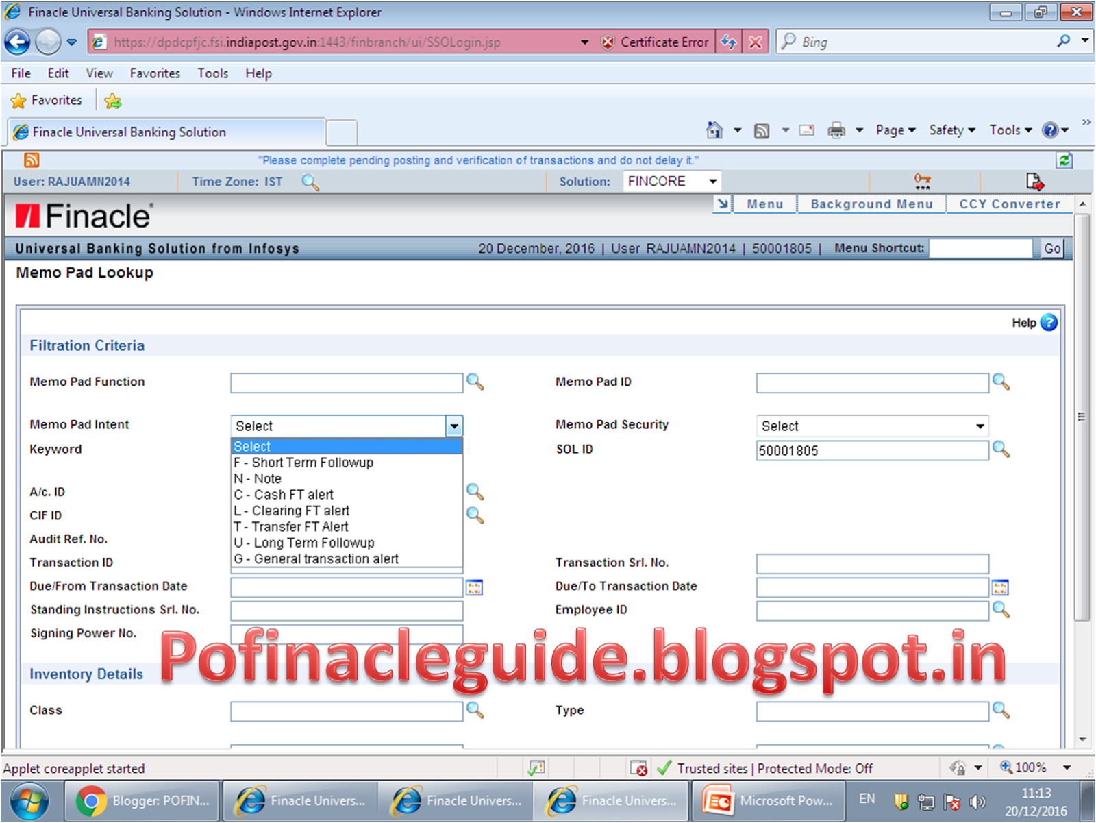 Procedure to create MEMO PAD in DOP Finacle - POFINACLEGUIDE