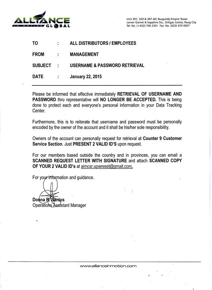 Alliance In Motion Global Incorporated: Reiteration of Memo on Username ...