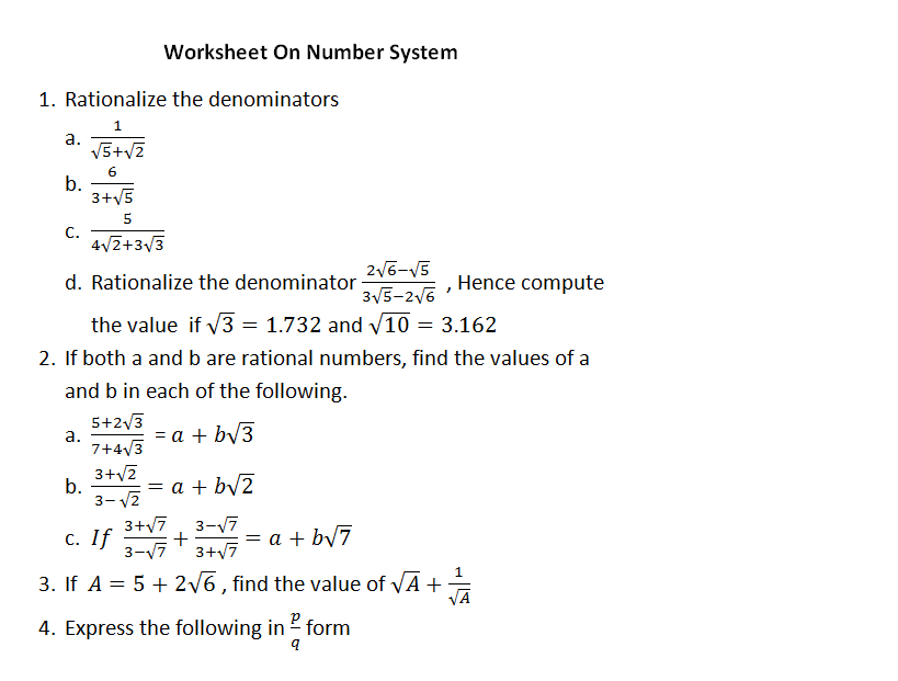 Ruhi Sakina: Revision Work Sheet on Number System Class IX Date 27th ...
