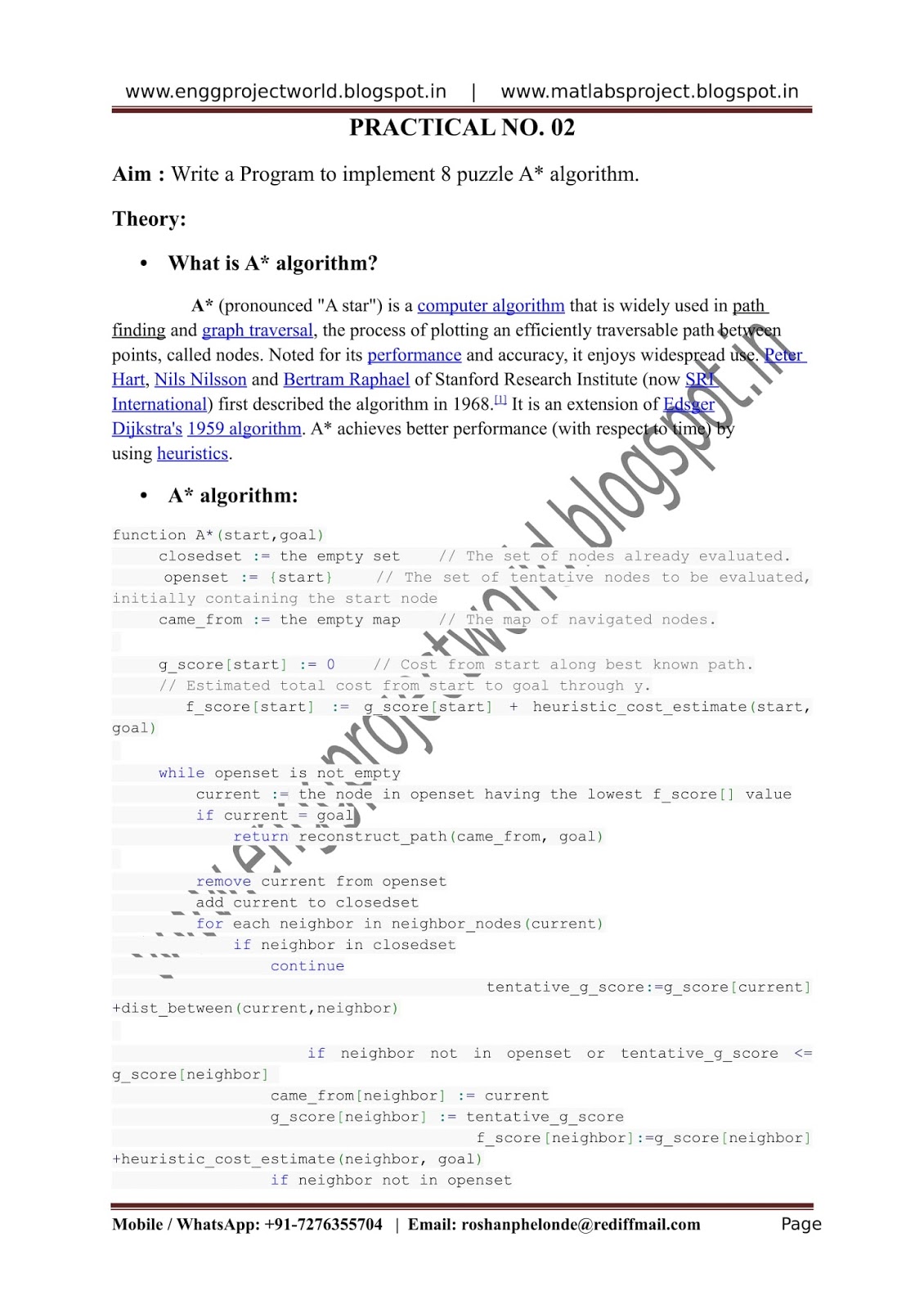 A Program to Implement 8 puzzle A* Algorithm Full Practical Manual ~ ENGINEERING PROJECTS