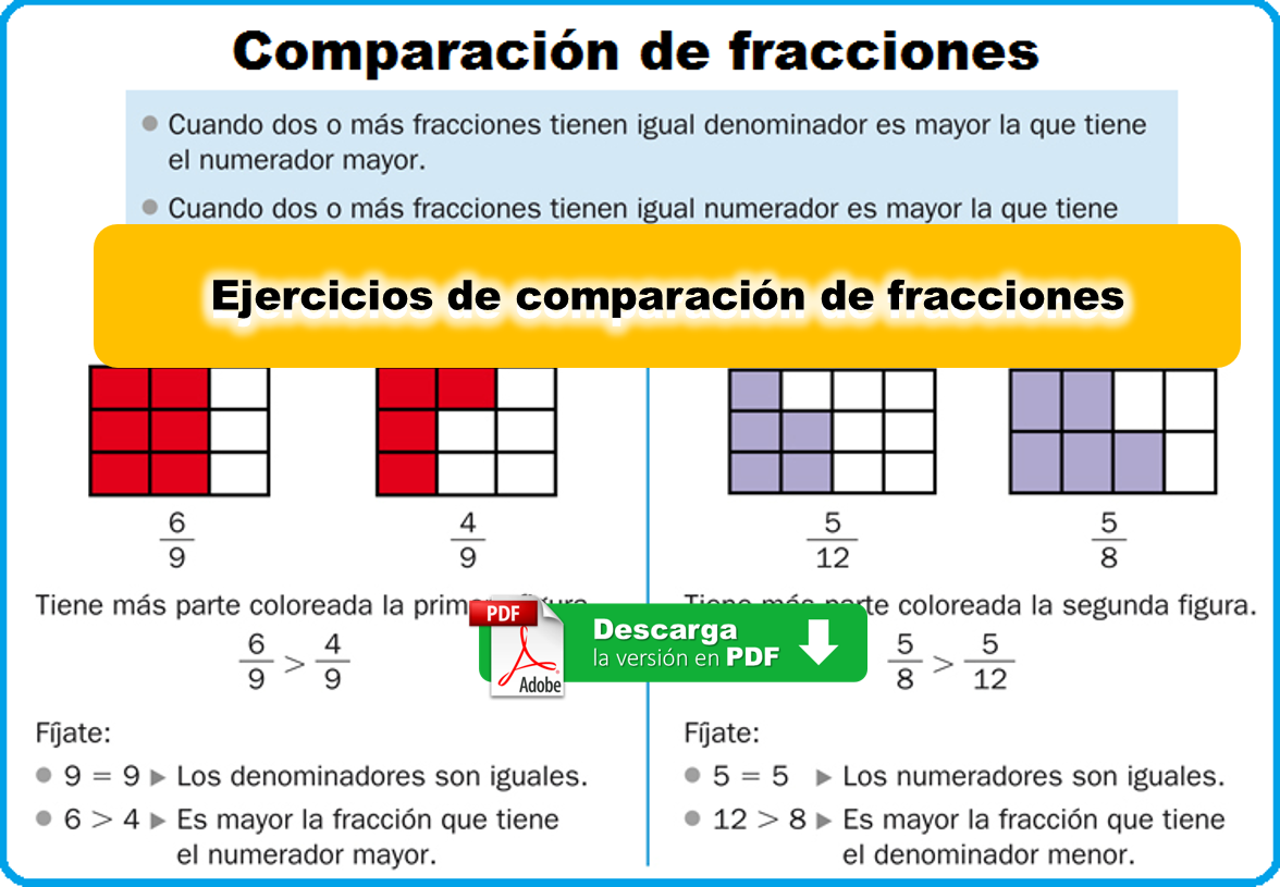Ejercicios para comparar fracciones - Materiales para Primaria Ejercicios para comparar fracciones - Materiales para Primaria
