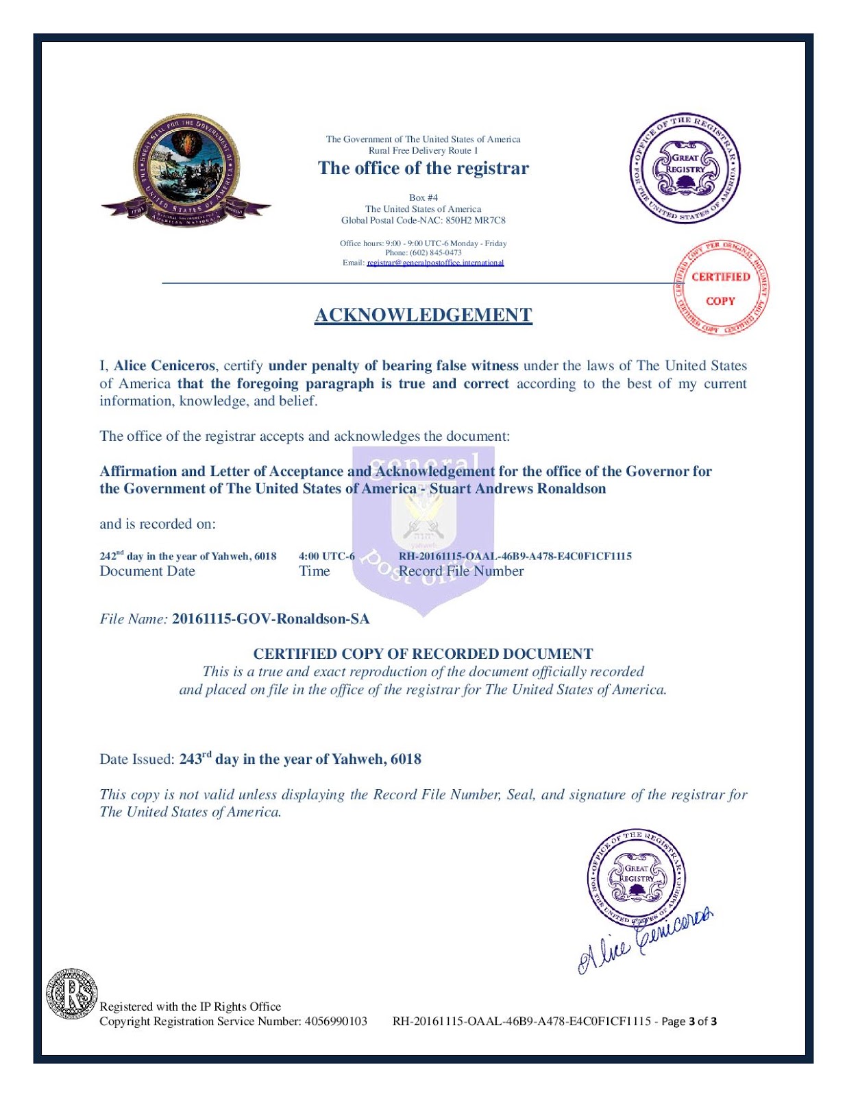 The Office of Governor : Stuart Andrews Ronaldson Affirmation and ...