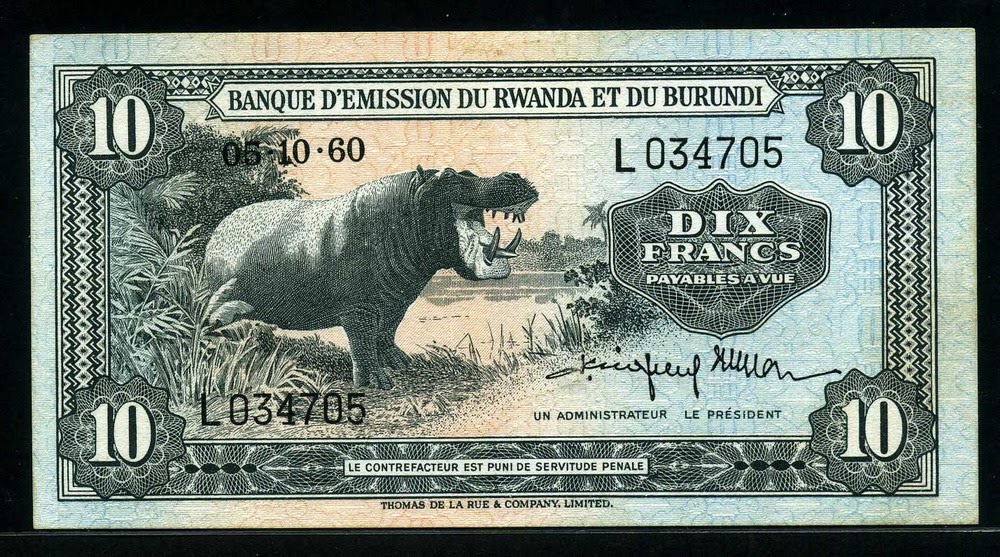 Rwanda-Burundi banknotes 10 Francs note of 1961 Hippopotamus|World ...