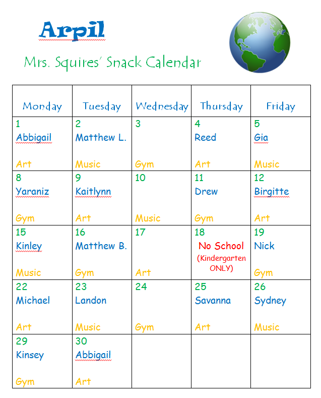 Keeping Up With the Kindergartners!: Snack Calendar