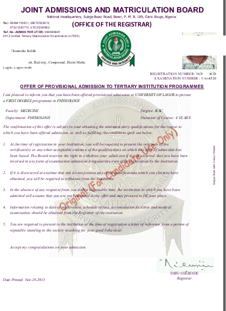 JAMB admission letter sample