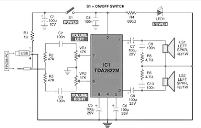 Skema Mini Amplifier USB TDA 2822 Daya 3V - 12V