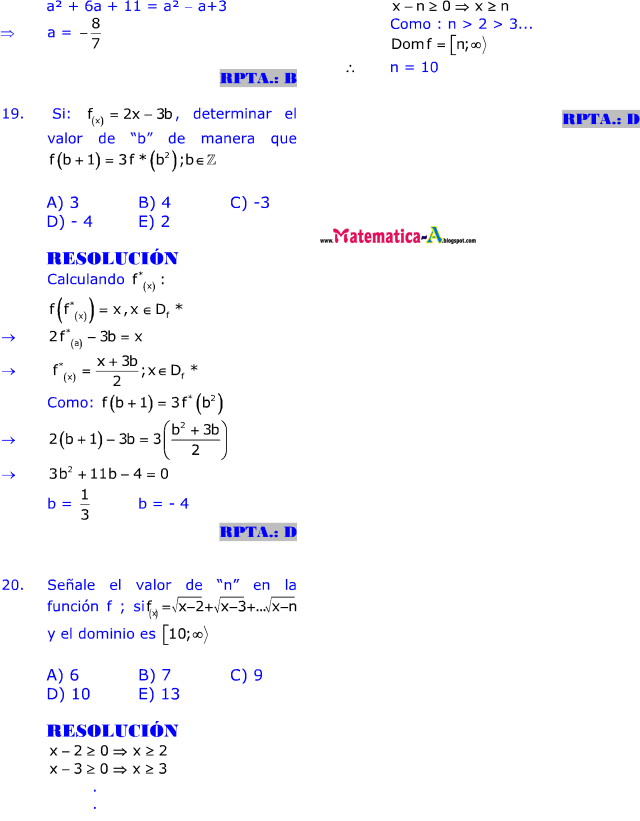FUNCIONES 20 EJERCICIOS DESARROLLADOS ~ MATEMATICAS PROBLEMAS RESUELTOS