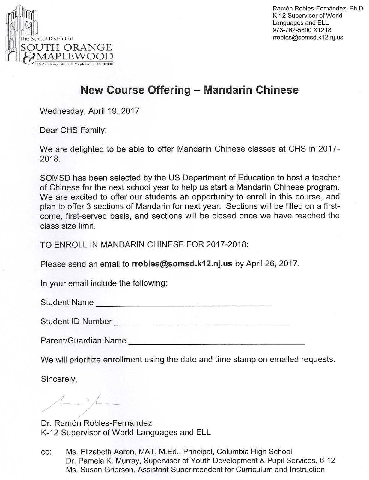 Maplewoodian.com: CHS MANDARIN CHINESE COURSE OFFERING LETTER