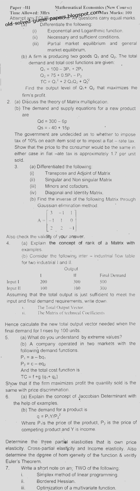 Mathematical Economics Paper Iii Old Solved And Guess Papers
