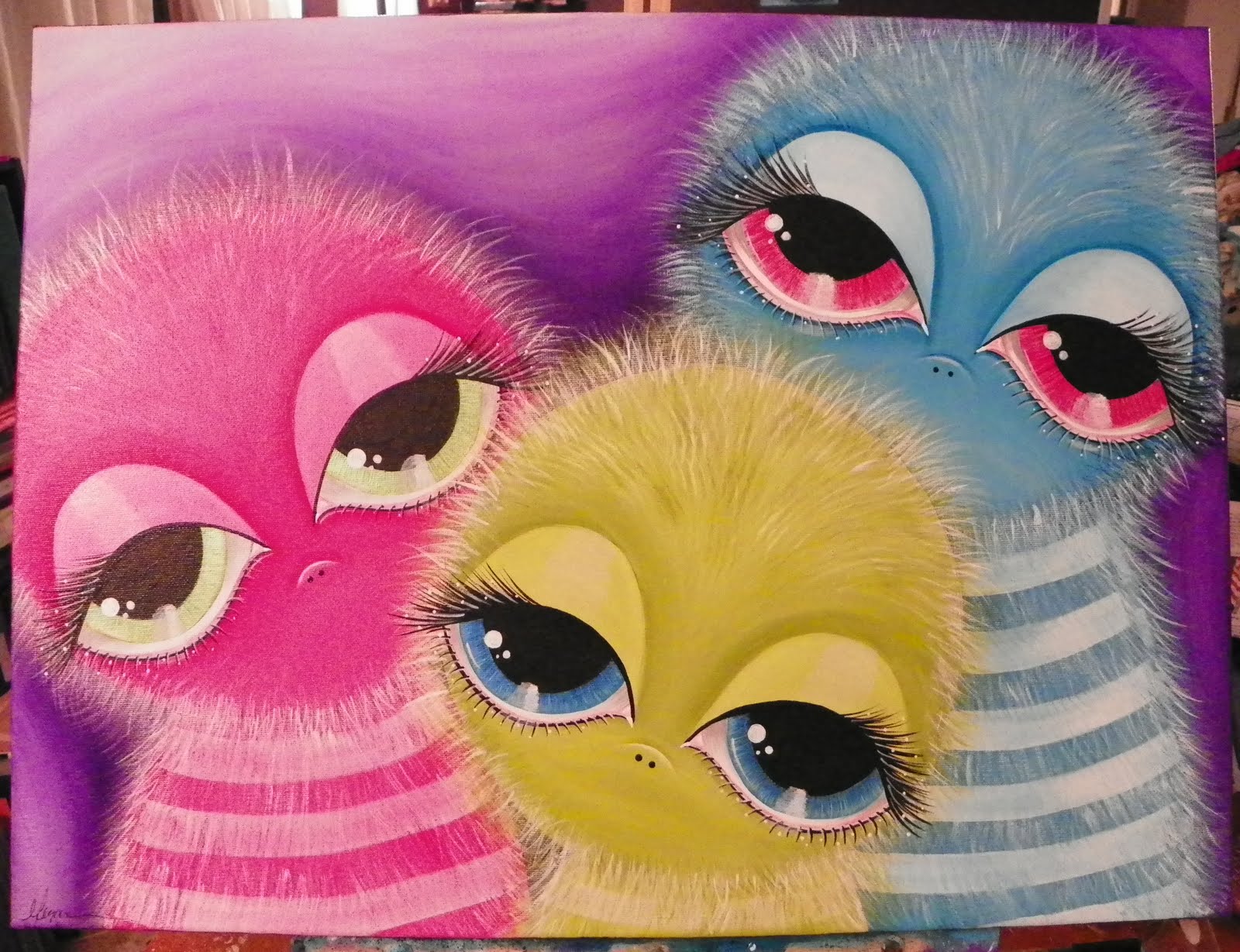 Make Art & Live Happy: 3 fuzzy monsters painting