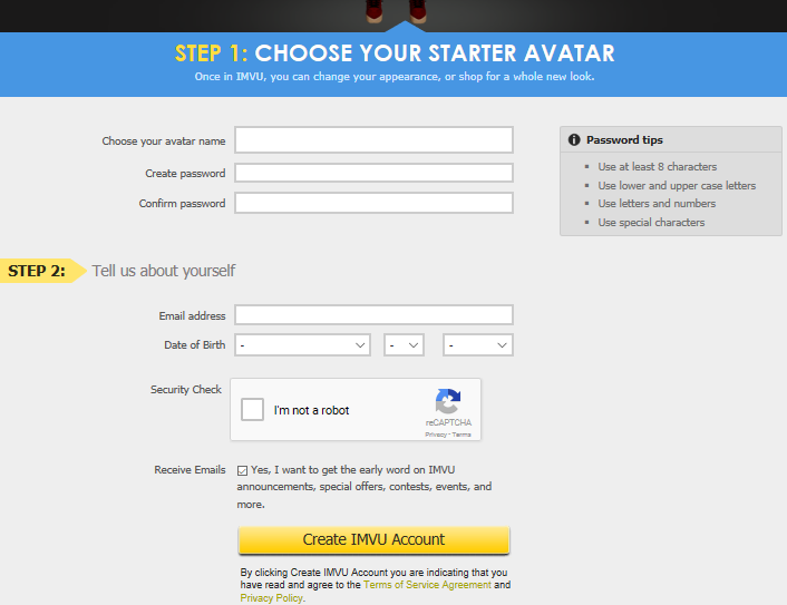 Create an account in AMFIO - Sign up for IMVU