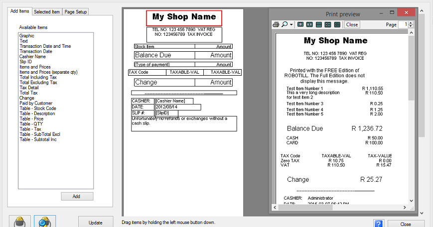 Easy customization of POS till slips
