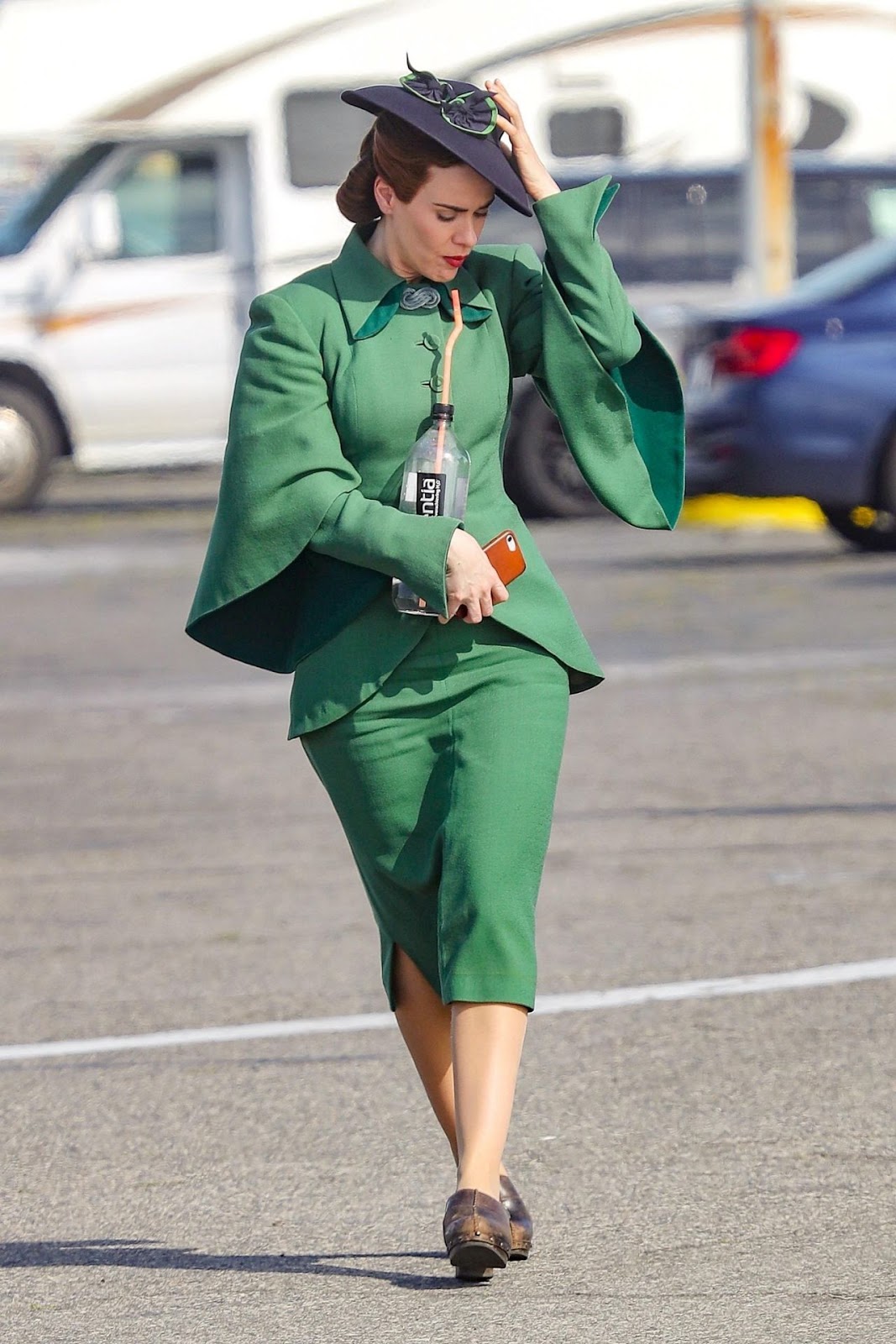 Sarah Paulson in Green Dress at Ratched Television Series Set ...