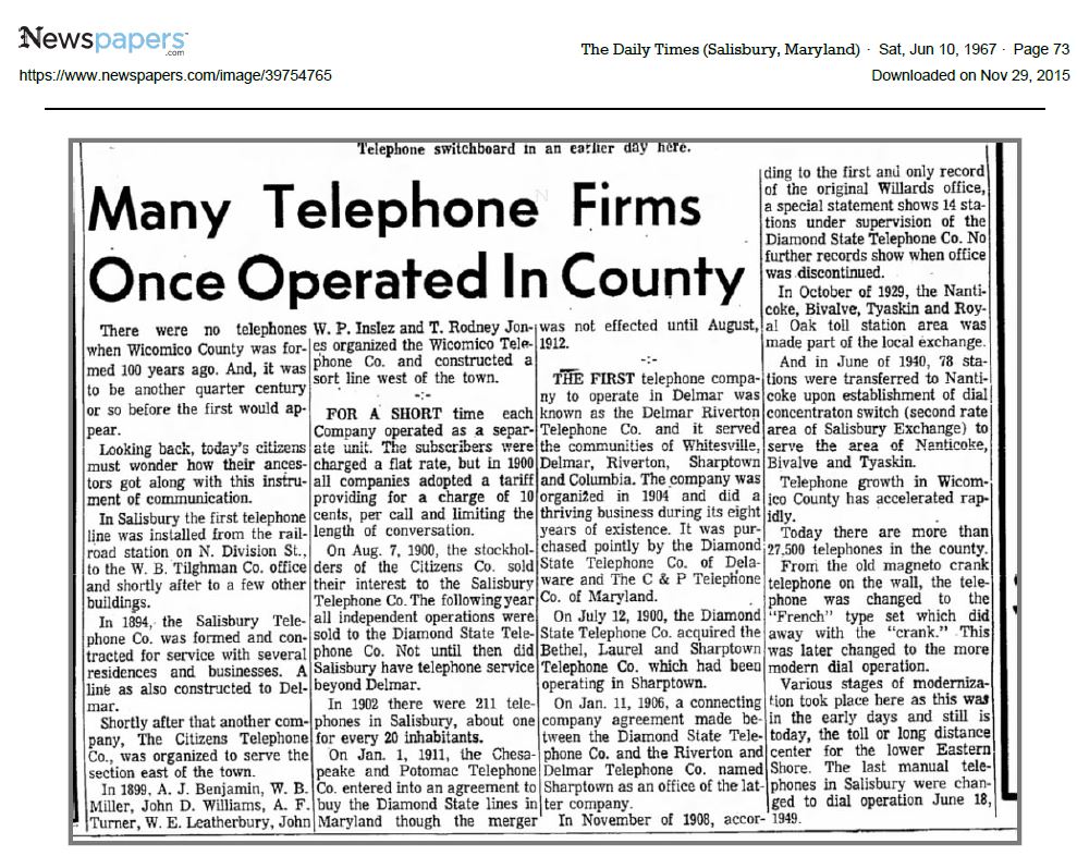 Delmar Historical And Art Society: Area Telephone Companies