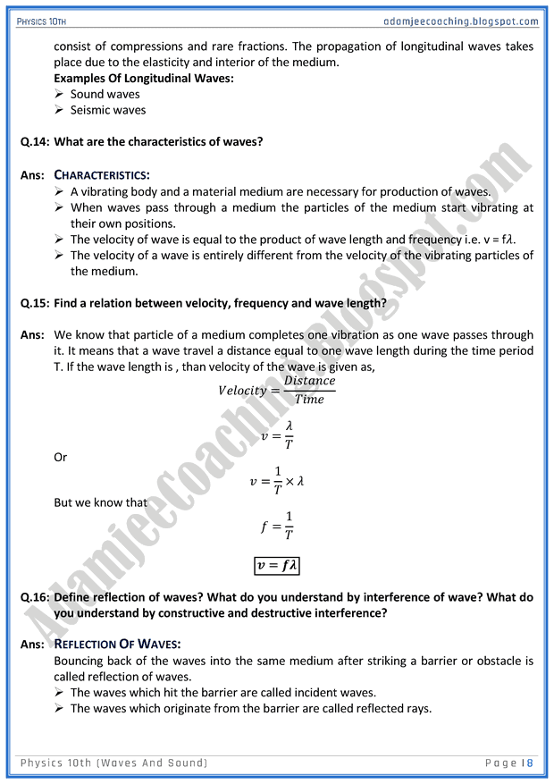 Adamjee Coaching: Waves and Sound - Question Answers - Physics 10th