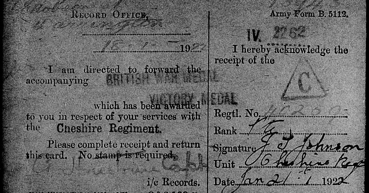 Army Forms & Attestations: Army Form B.5112 - Medal receipt card