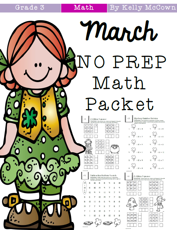 Kelly McCown: March NO PREP Math Packets {Grades 3 to 8}