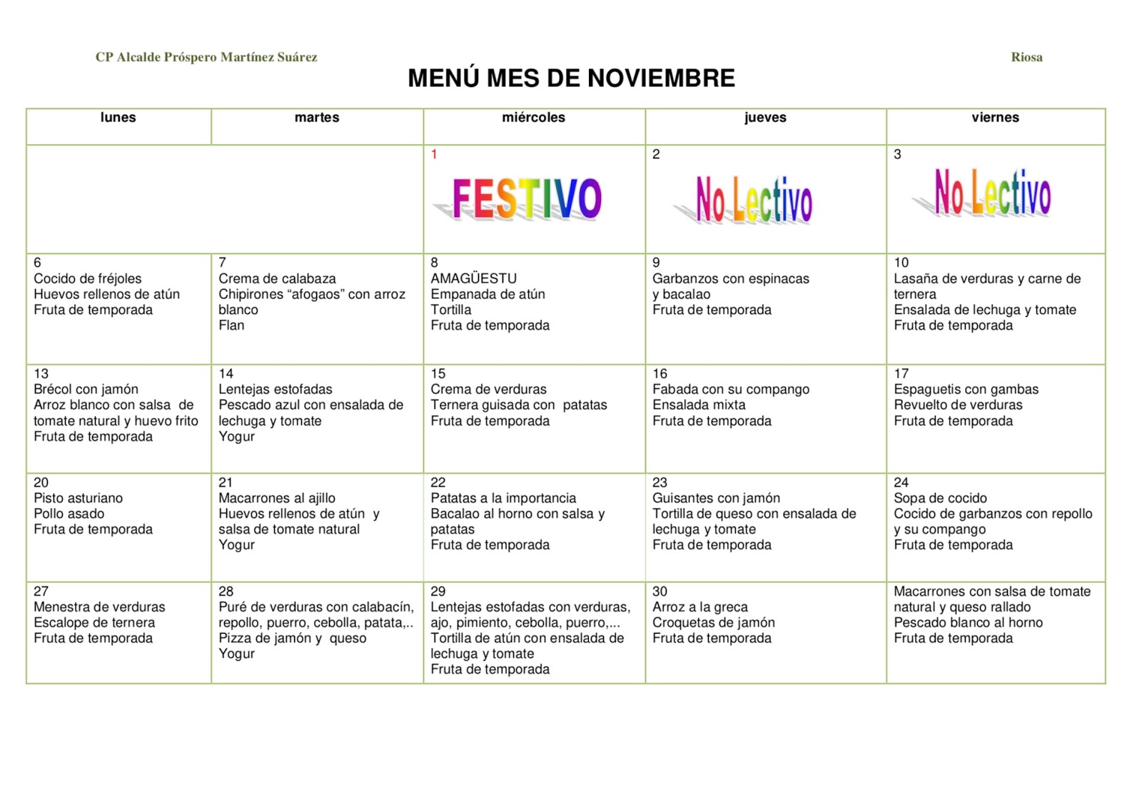 EL BLOG DEL COLE: Menú del comedor del mes de Noviembre
