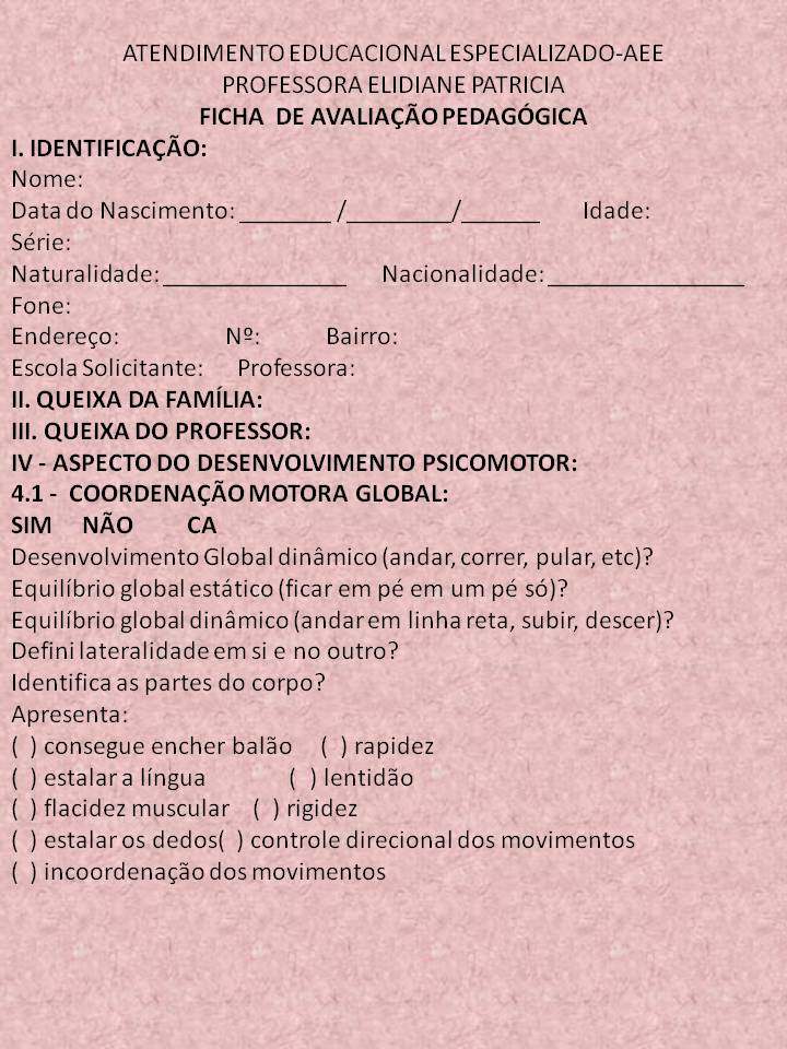 "LIDICINHAS ESPECIAIS": MODELOS DE FICHAS DE AVALIAÇÃO AEE