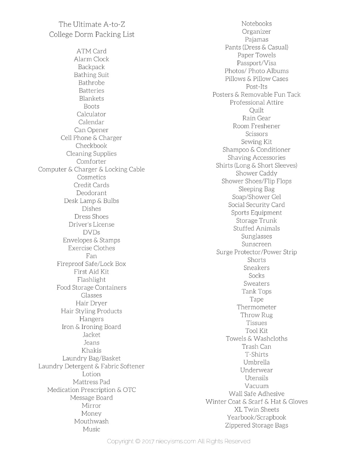 The Ultimate A-to-Z College Dorm Supplies Packing List Free Printable