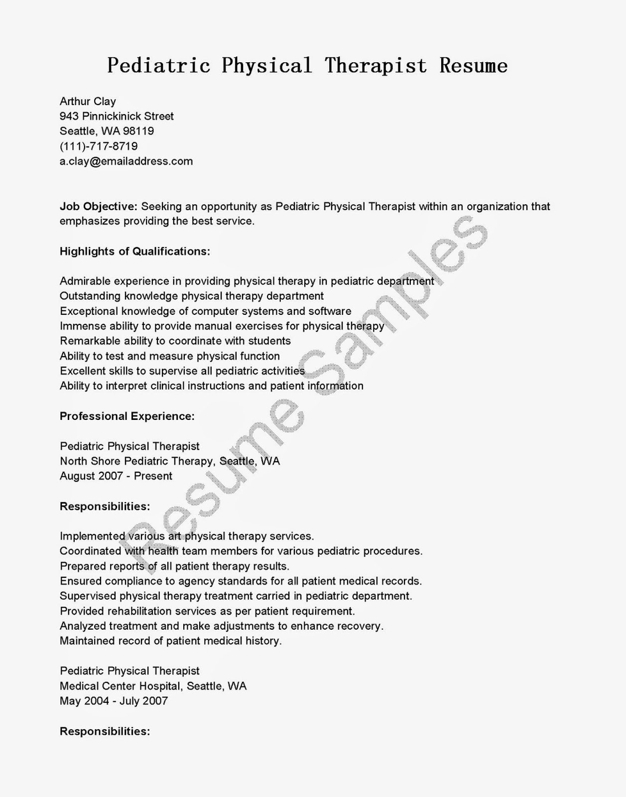 Resume Samples: Pediatric Physical Therapist Resume