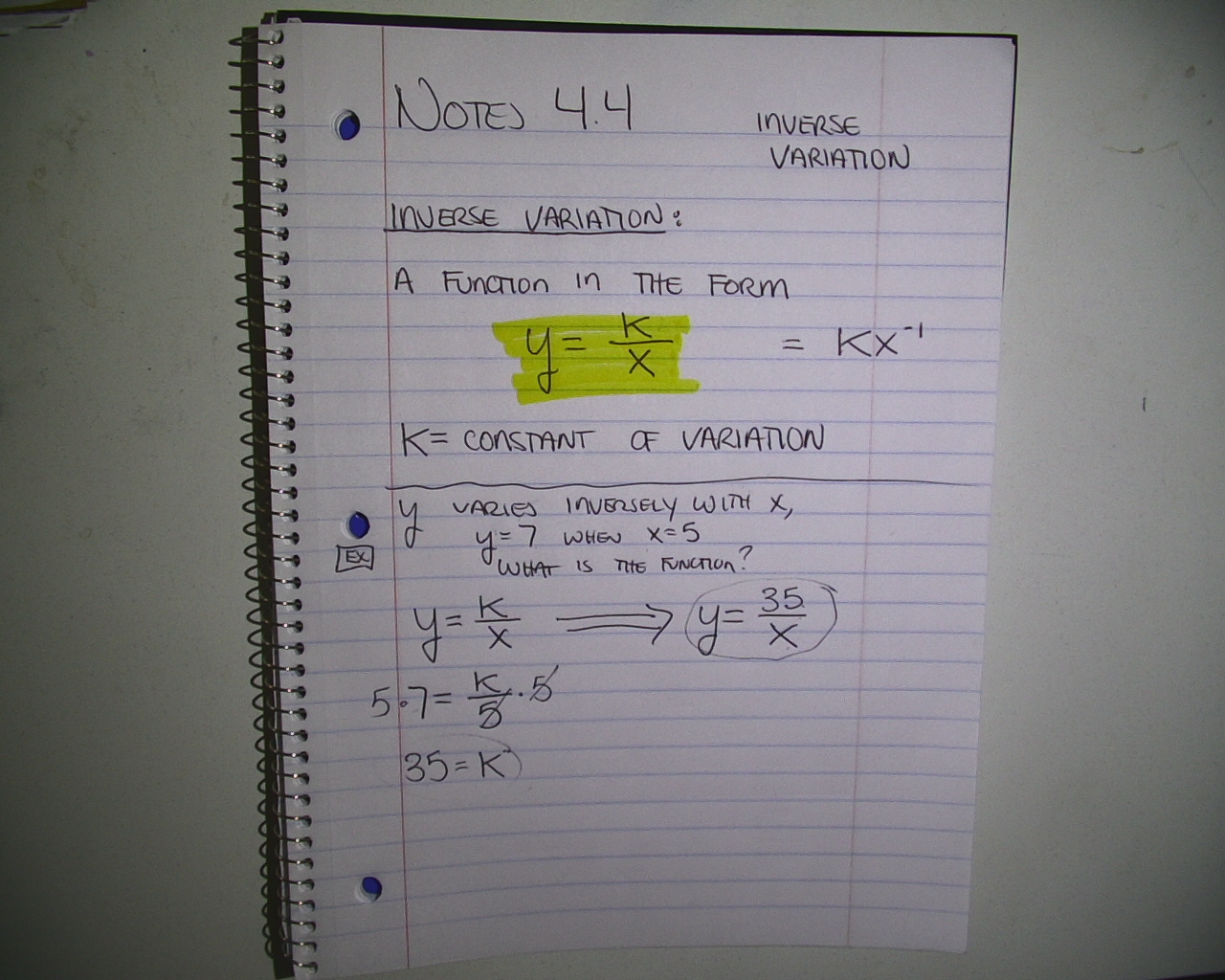 Mr. Brzenski's Math Class: Notes 4.4 and 4.5 Direct and Inverse Variation