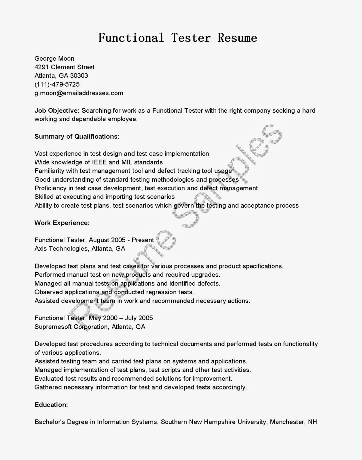 Resume Samples: Functional Tester Resume Sample