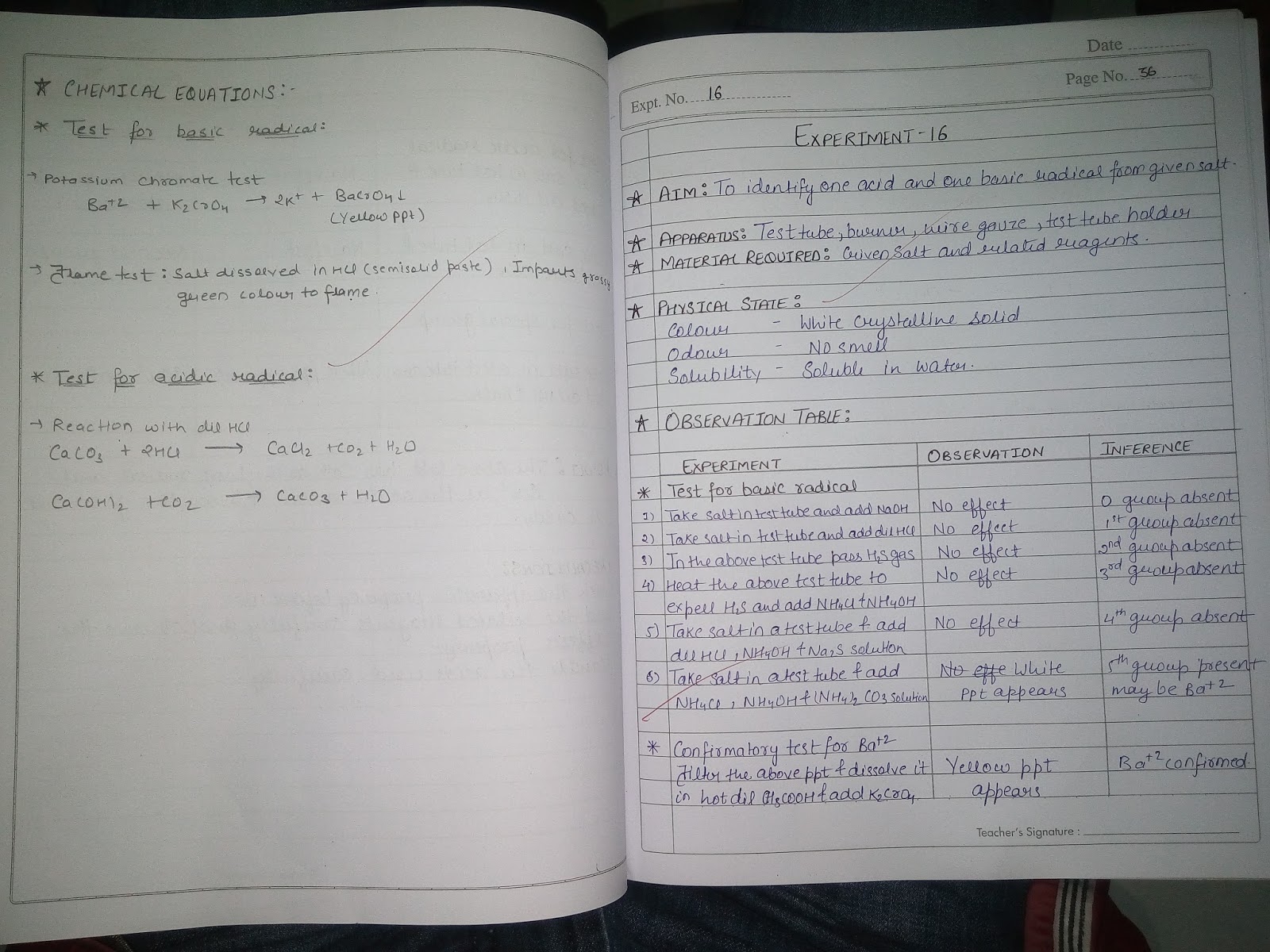 To Detect One Acid And One Basic Radical Salt Experiment : BaCO3 ...