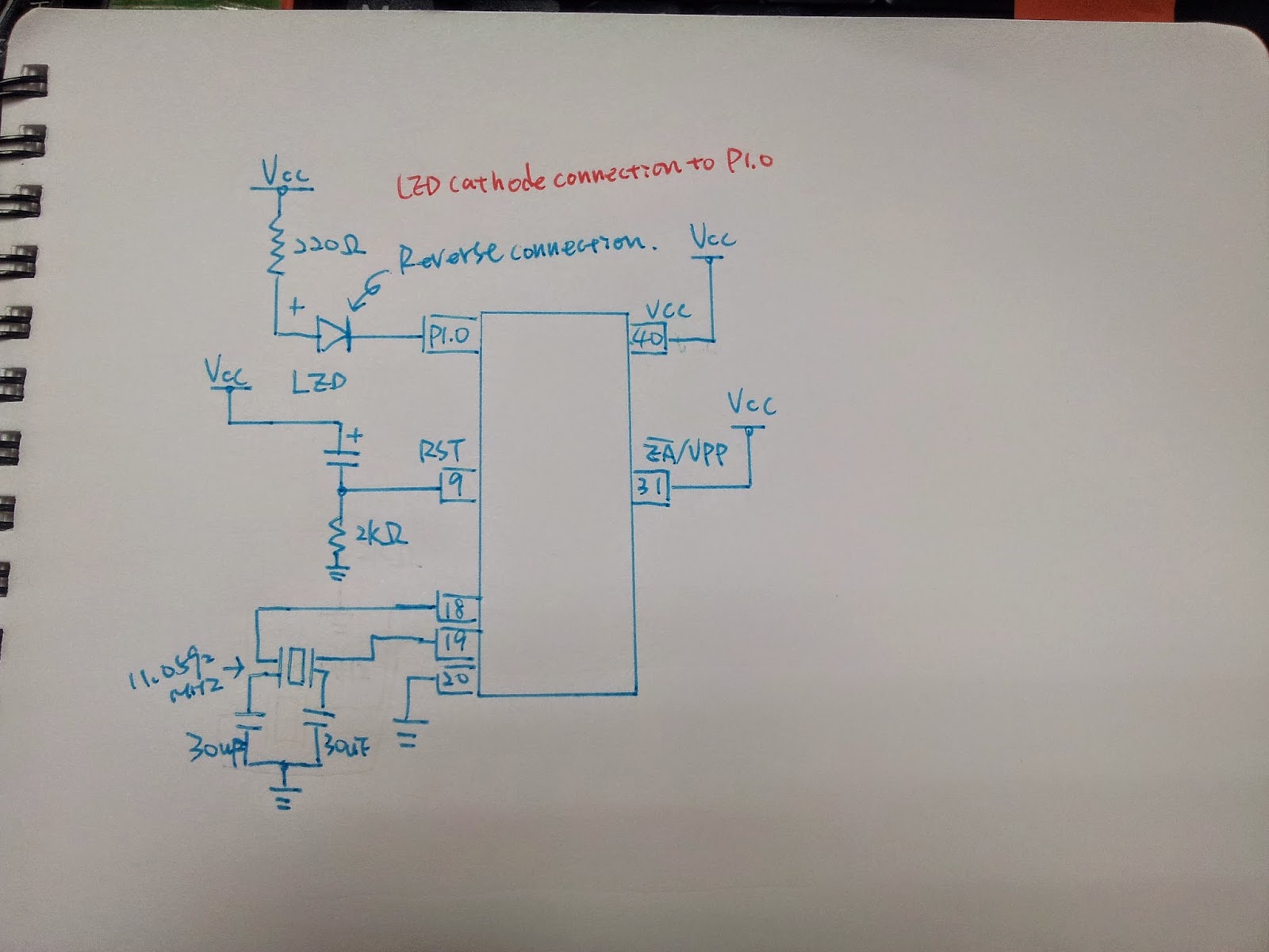Using Microcontroller AT89S52 to blink LED and implemented on breadboard