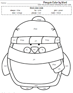 Classroom Freebies Too: Penguin Color by Sight Word Code