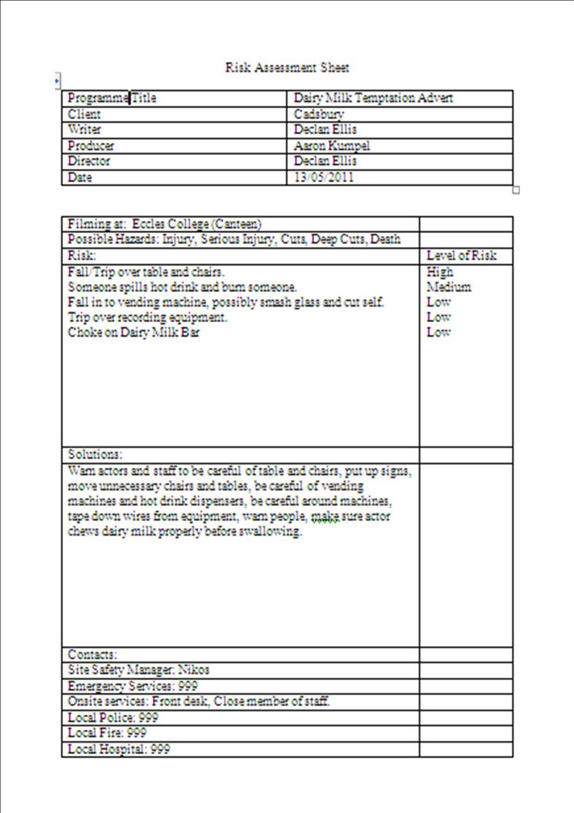 DCA Productions: Declan Ellis - Risk Assessment