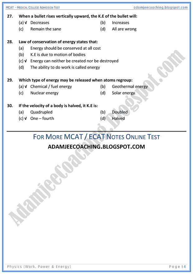 Adamjee Coaching: MCAT Physics [Work Power and Energy] Mcqs for Medical ...