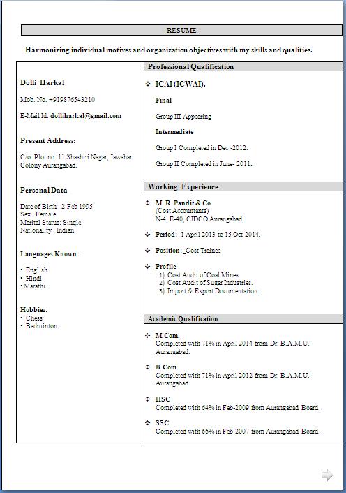 ICAI Final Fresher Student Resume Format