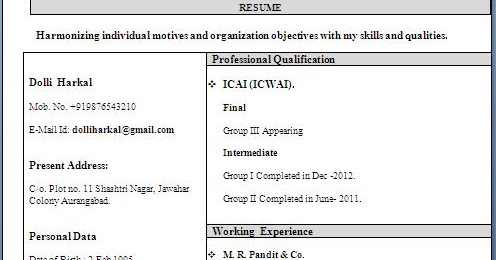 ICAI Final Fresher Student Resume Format