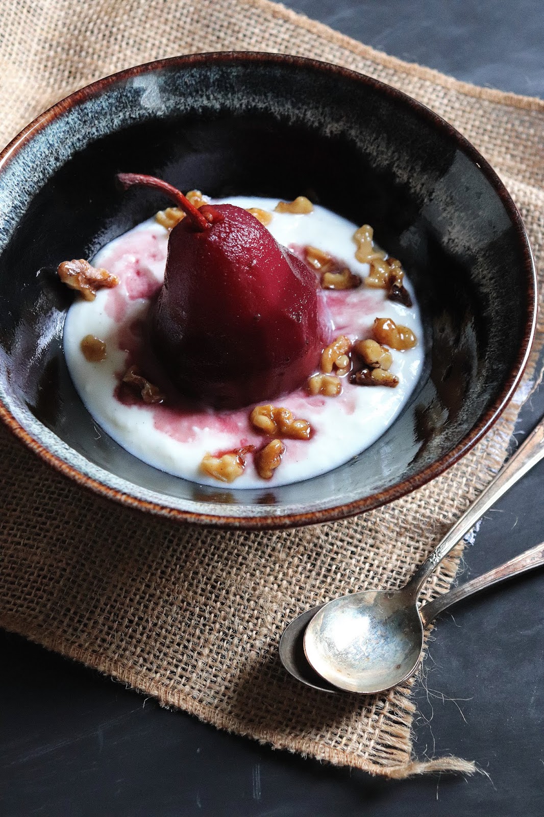 Annie à la Mode: Wine poached pear w/ yogurt and honey-glazed walnuts