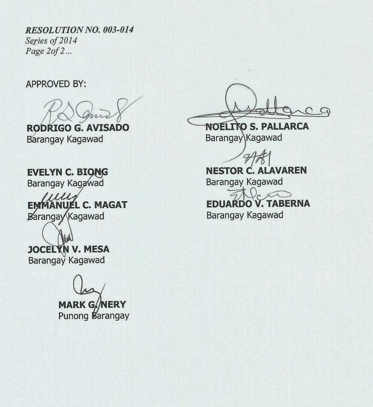 Barangay Manuyo Dos: Barangay Resolution No. 2014-003