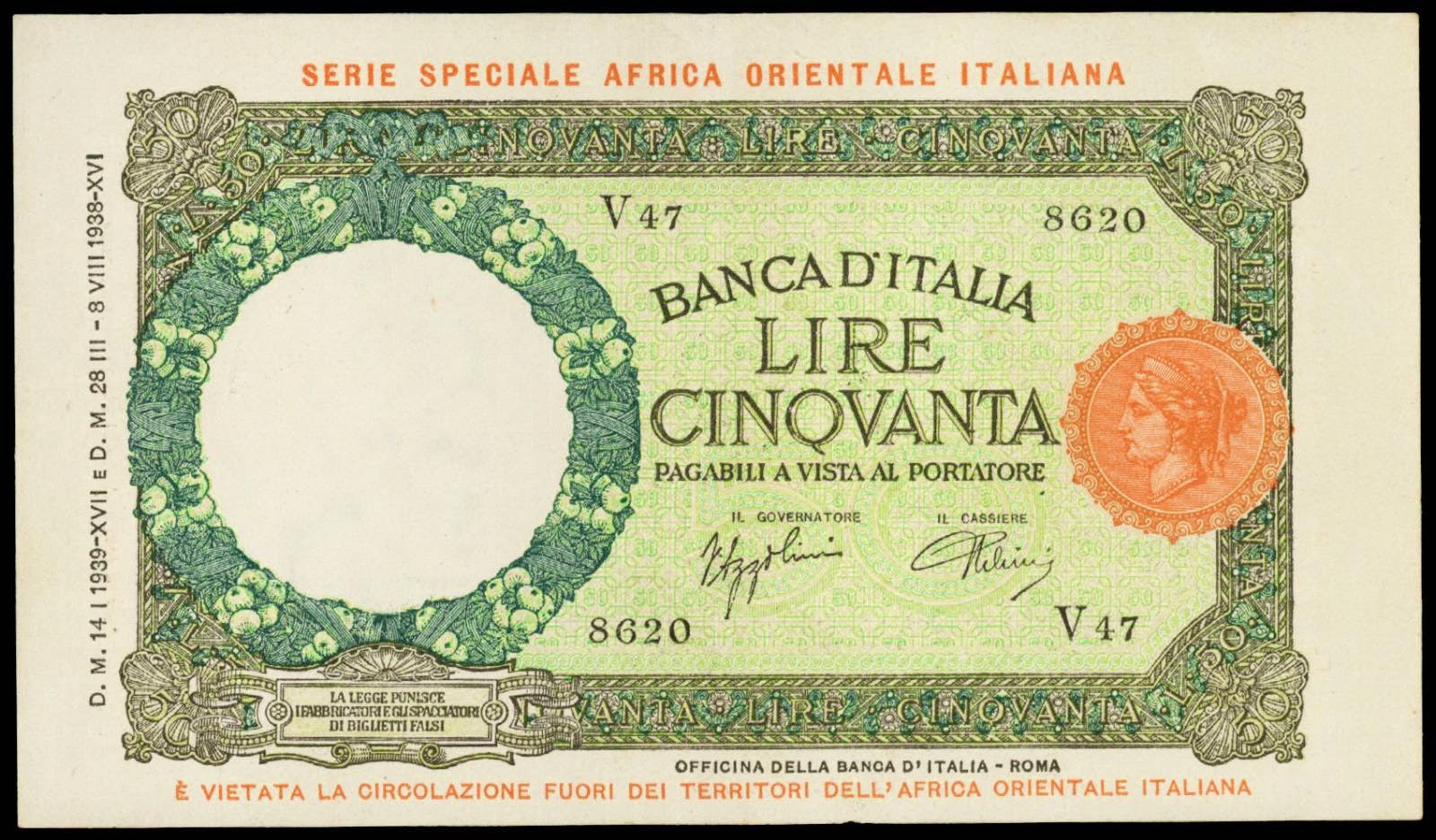 Italian East Africa 50 Lire Banknote 1939|World Banknotes & Coins ...