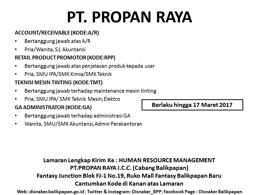Lowongan Kerja Kota Balikpapan: Lowongan PT. PROPAN RAYA