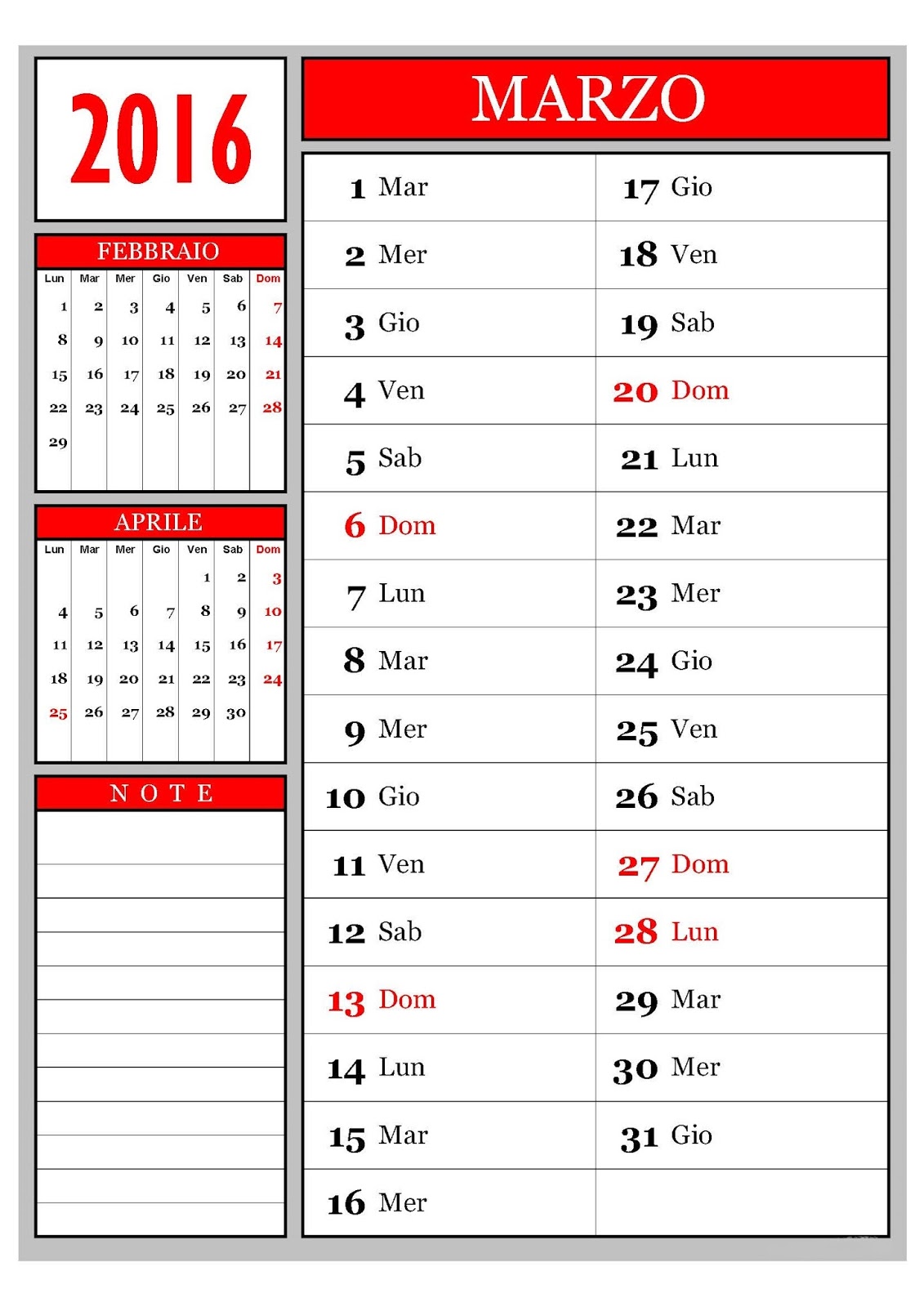 Calendario : Calendario mensile - Marzo 2016