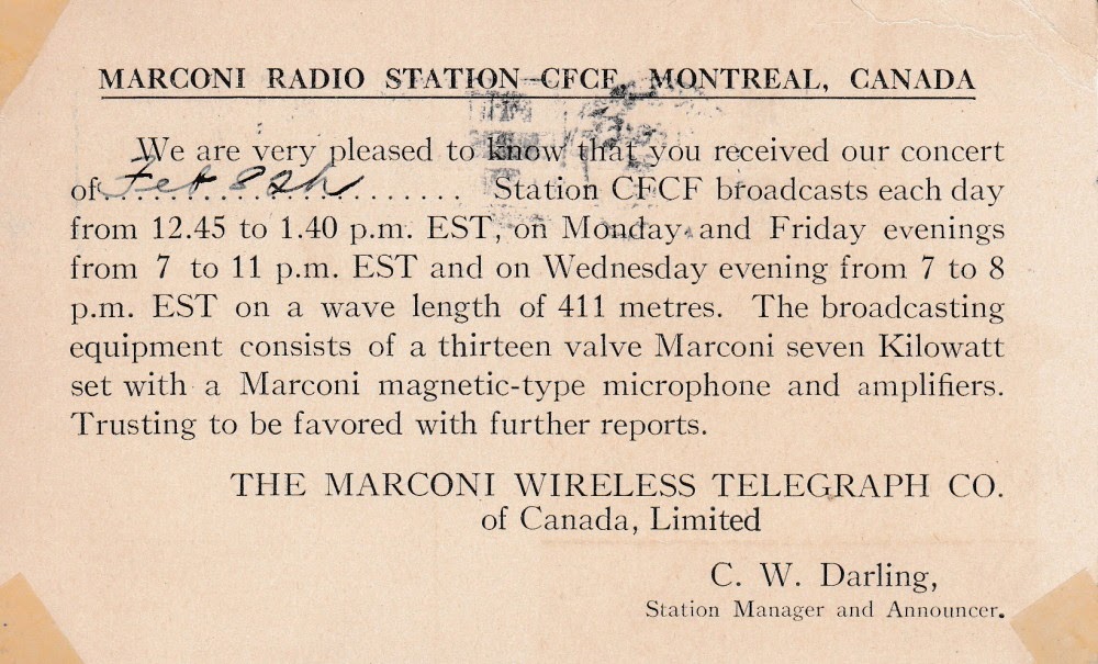 Vintage QSLs from the Golden Days of Radio : CFCF Montreal Quebec - 1926
