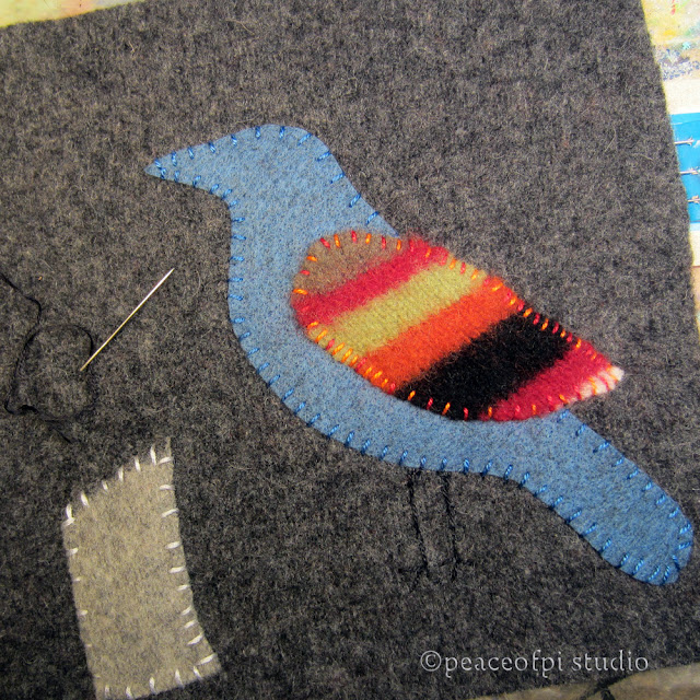 peaceofpi studio: Bird Art Quilt WIP in Hand Embroidery on Wool