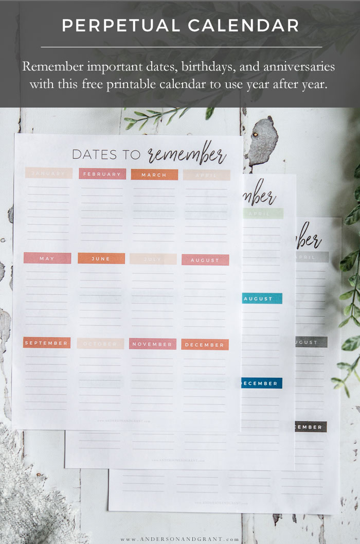 Free Printable Perpetual Calendar | anderson + grant