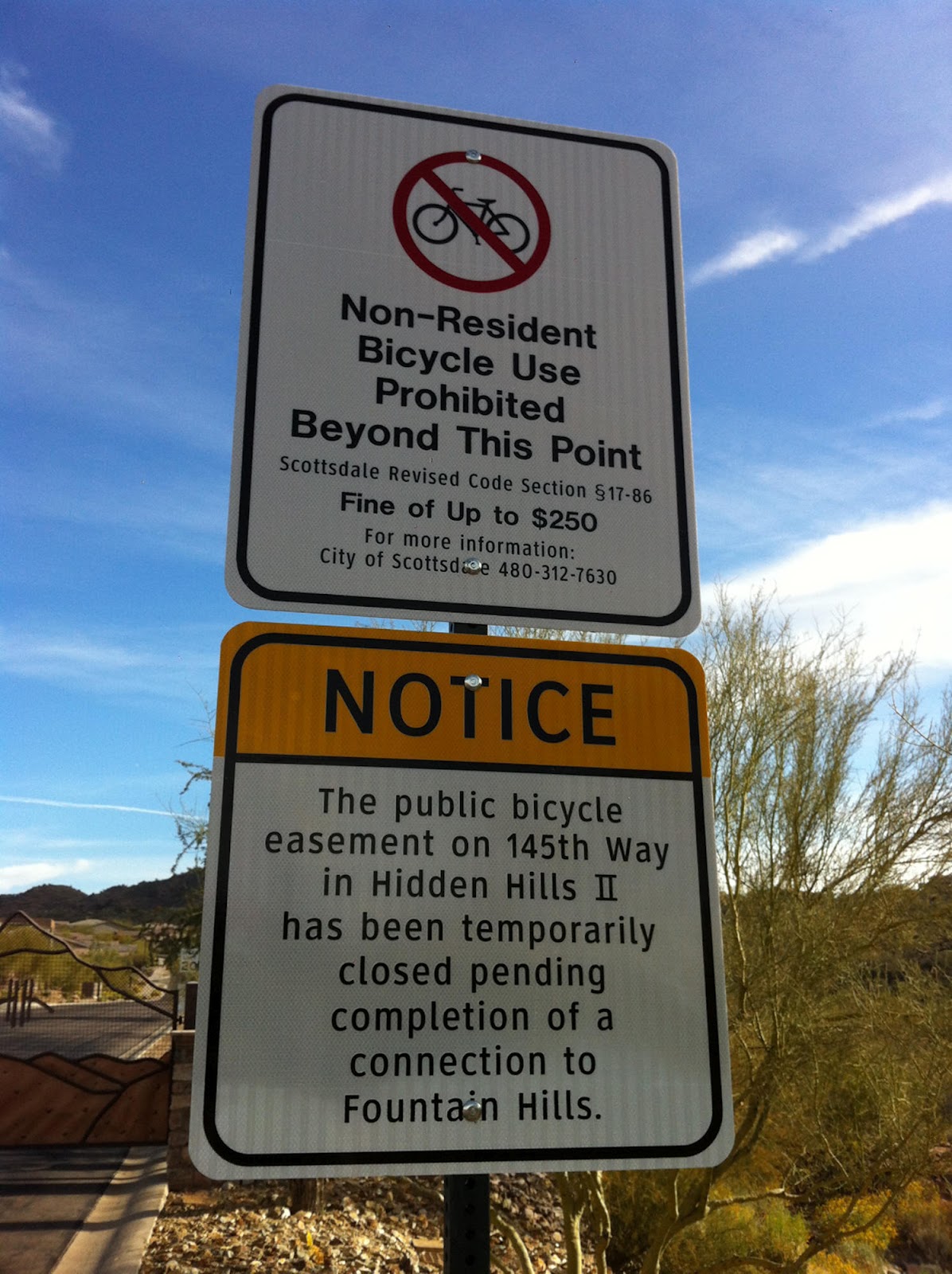 The Phoenix Geezers' Bicycle Ride: New Sign at Hidden Hills says ...
