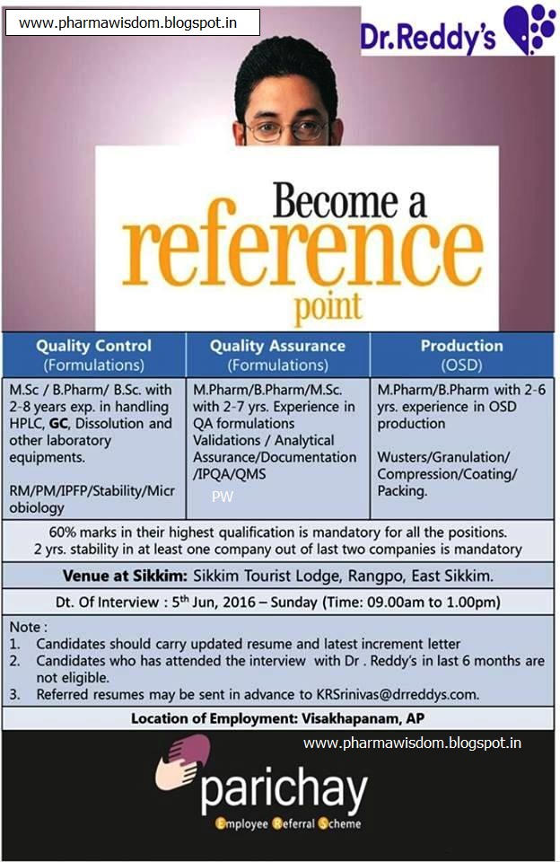 Dr.Reddy's Walk-In Interview on 5th June, 2016 (SUNDAY) - PHARMA WISDOM