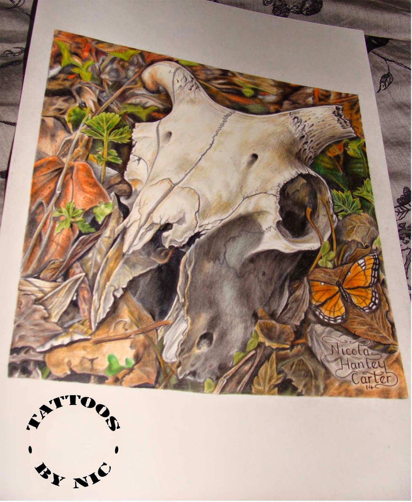 Tattoos by Nic . Nicola Hanley-Carter: Drawing of skull, coloured pencils
