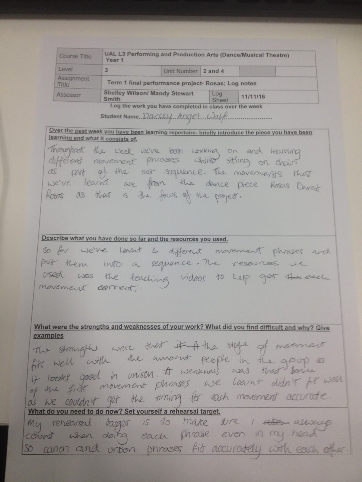 Darcey Wolf Level 3 Musical Theatre: Unit 2 Rosas