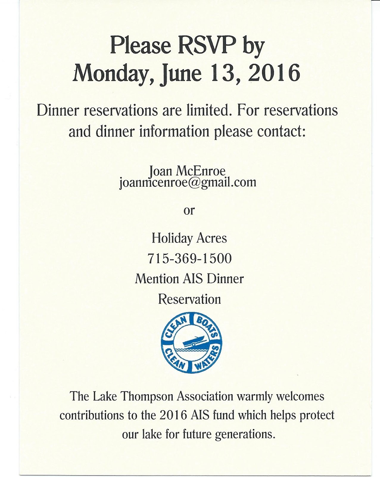 Lake Thompson Association: Annual Summer Appreciation Dinner Reminder