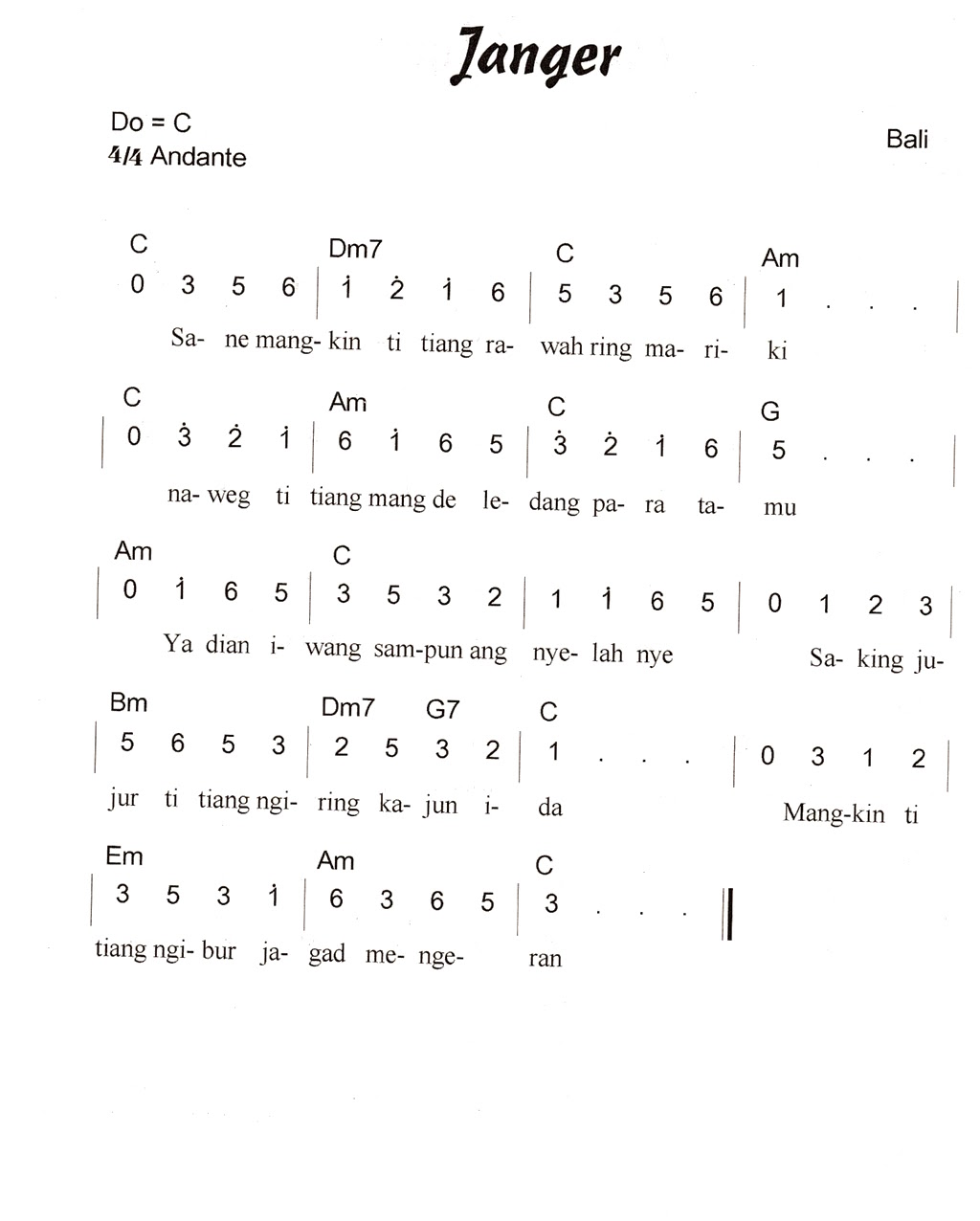 Not Angka Pianika Lagu Janger (Bali)