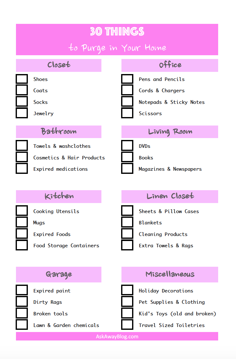 Ask Away Blog: 30 Things to Purge in Your Home |FREE PRINTABLE CHECKLIST|